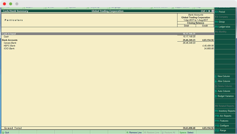 Cash And Bank Summary - Tally ERP 9 Reports