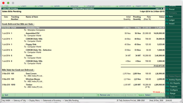 Tally ERP Reports - Sales Bill Pending